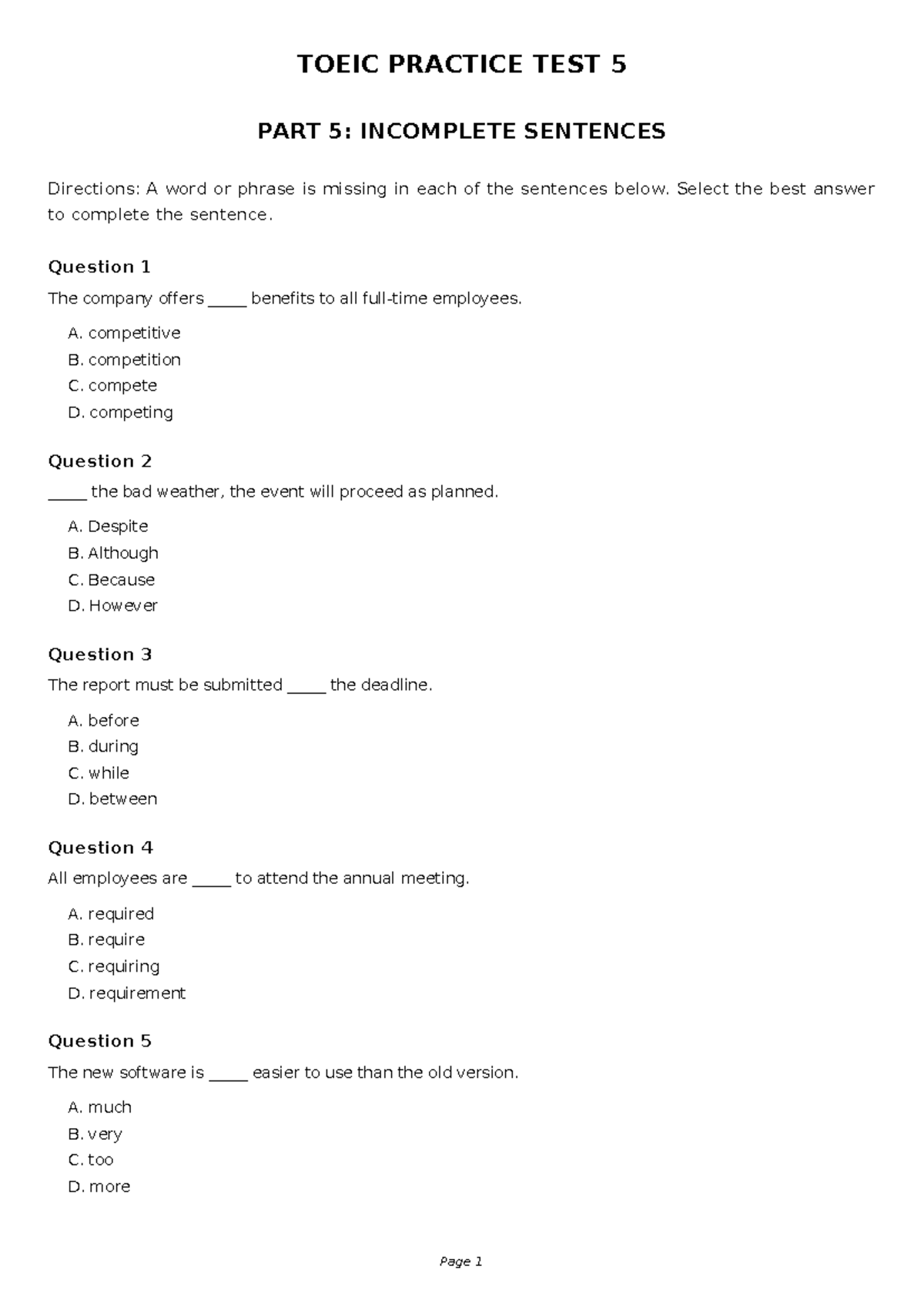 TOEIC Practice Test 5: Incomplete Sentences (Part 5) - Studocu