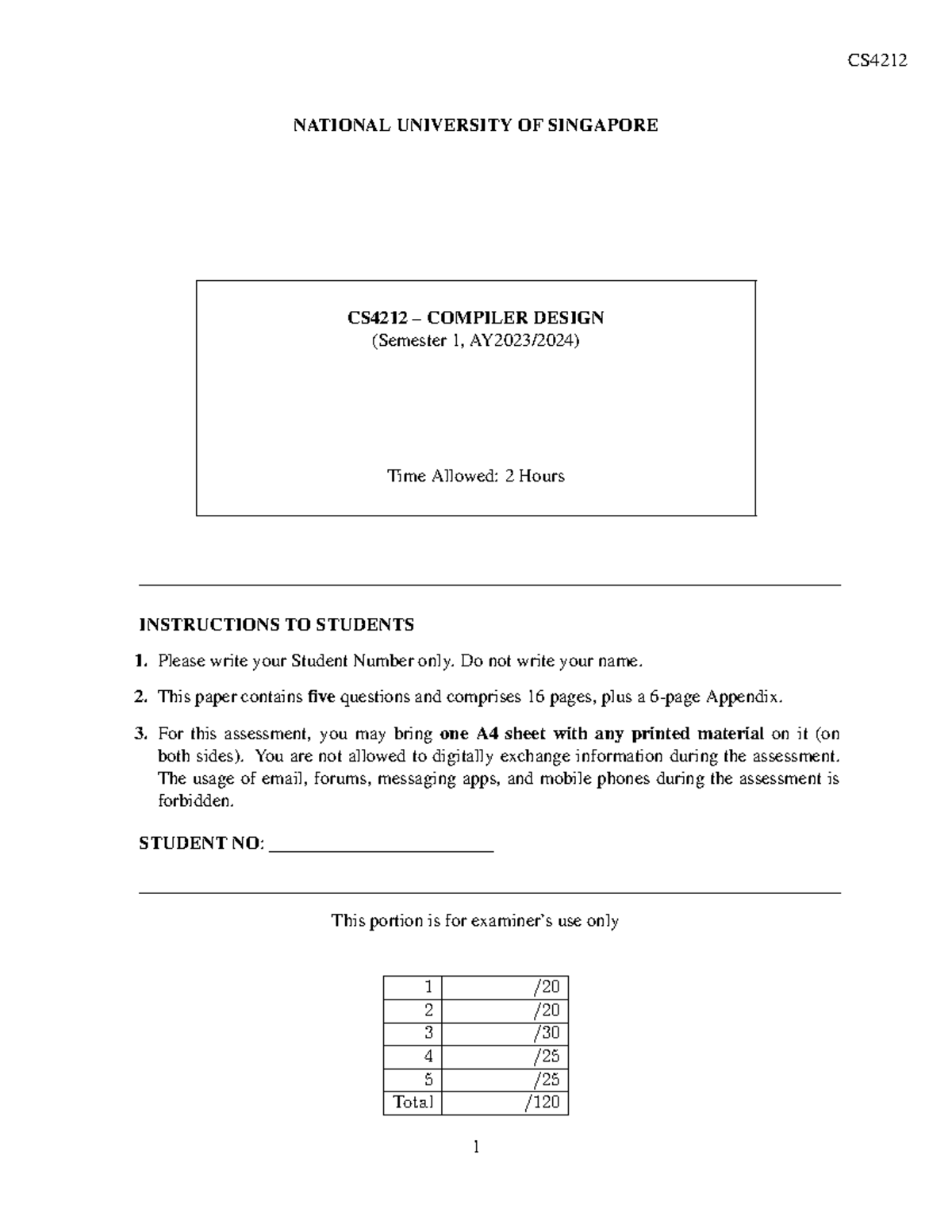 2324SEM 1-CS4212 - CS4212 COMPILER DESIGN Final Exam 2023 - Studocu