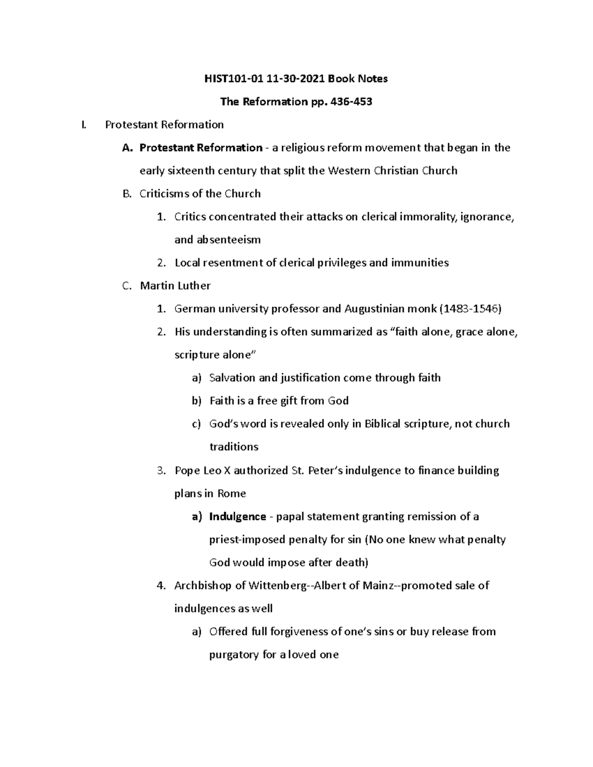 HIST101-01 11-30-2021 Lecture Notes on the Protestant Reformation - Studocu