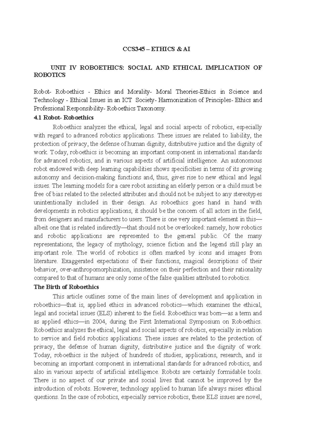 E & AI -UNIT 4 Notes - Hello - CCS345 – ETHICS & AI UNIT IV ROBOETHICS ...