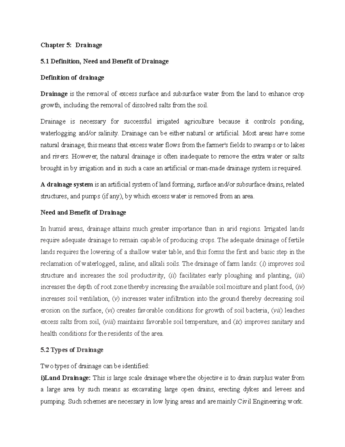 Chapter 5: Drainage - Definition, Need, and Types of Drainage - Studocu