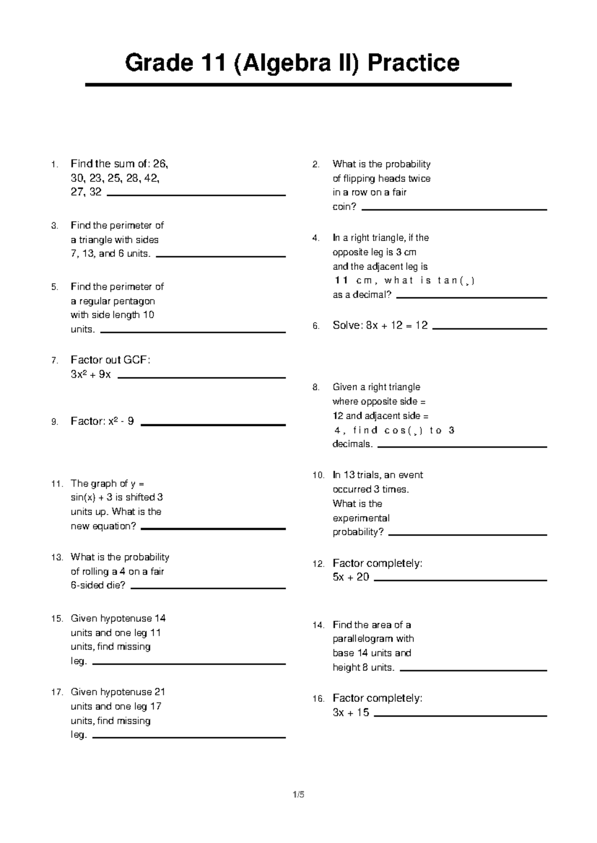 Grade 11 (Algebra II) Practice Problem Set Solutions - Studocu