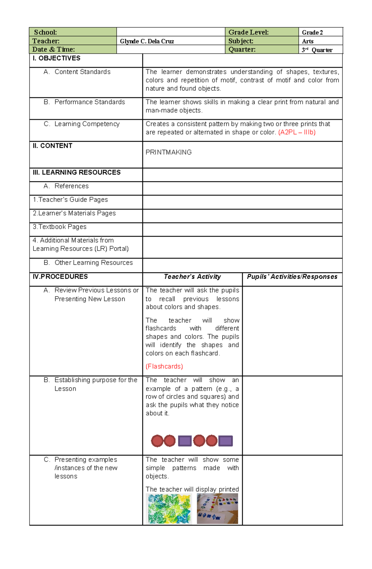 ARTS 2 - Lesson Plan: Printmaking and Pattern Creation - Studocu