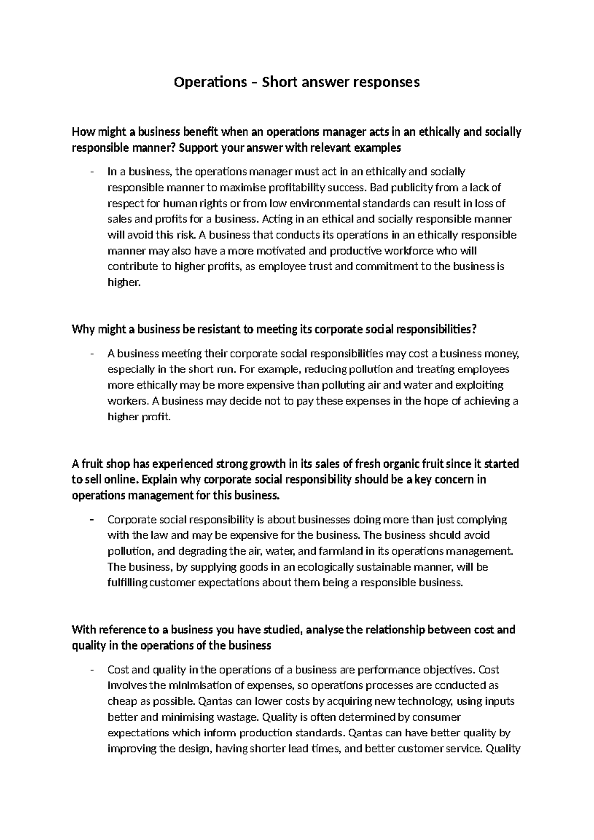 Operations Management: Ethics, Costs, and Quality Analysis - Studocu