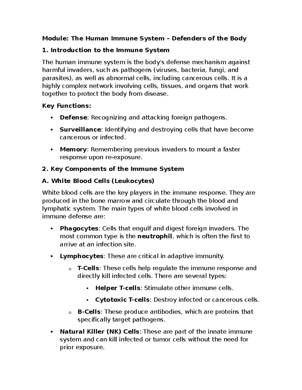 Module: The Human Immune System - Defenders of the Body Overview - Studocu
