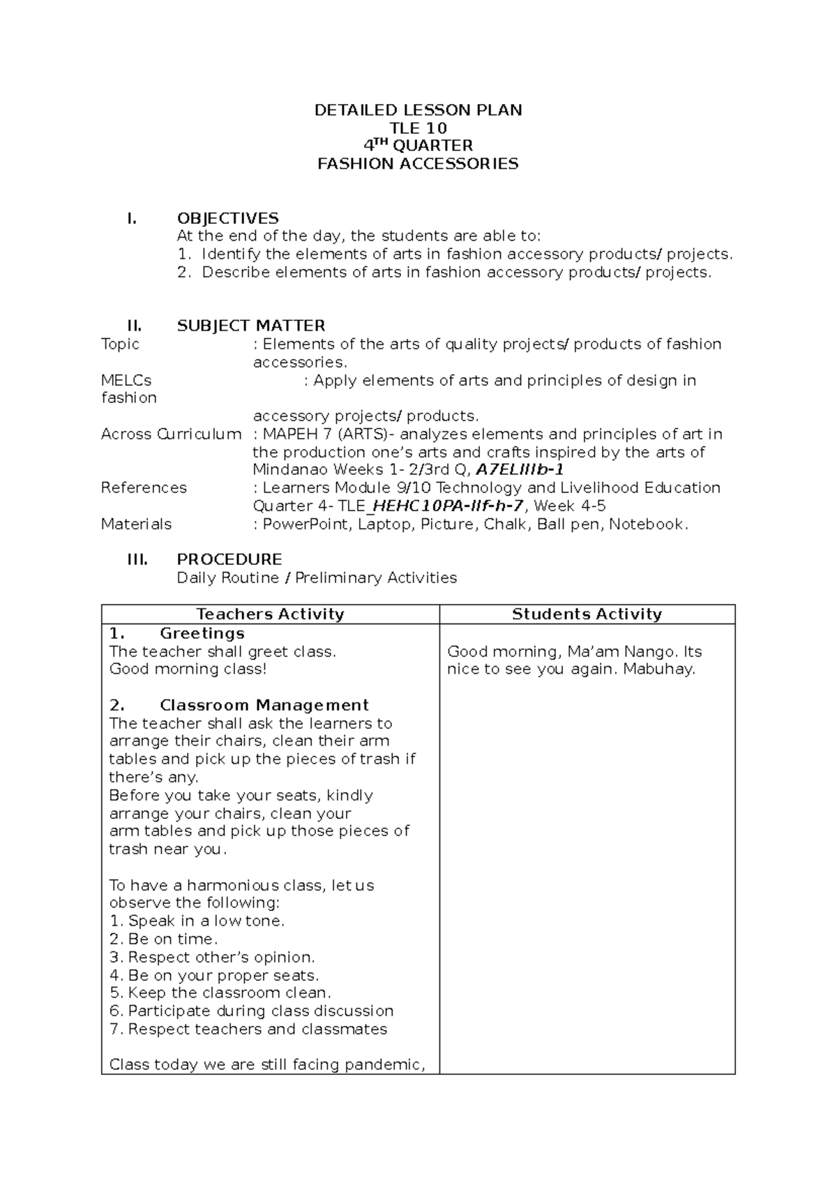 TLE 10 4th Q Detailed Lesson Plan on Fashion Accessories - Studocu