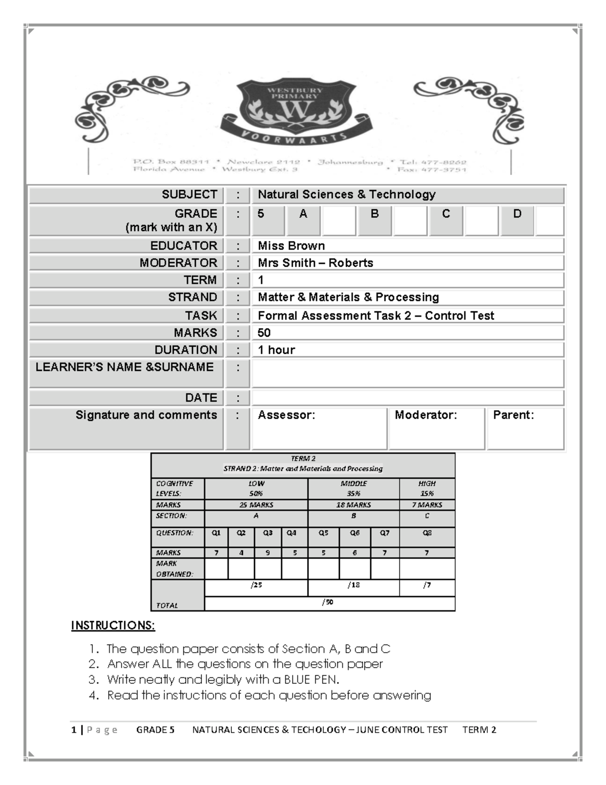 GRADE 5 NATURAL SCIENCES TECHNOLOGY JUNE CONTROL TEST TERM 2: MATTER ...