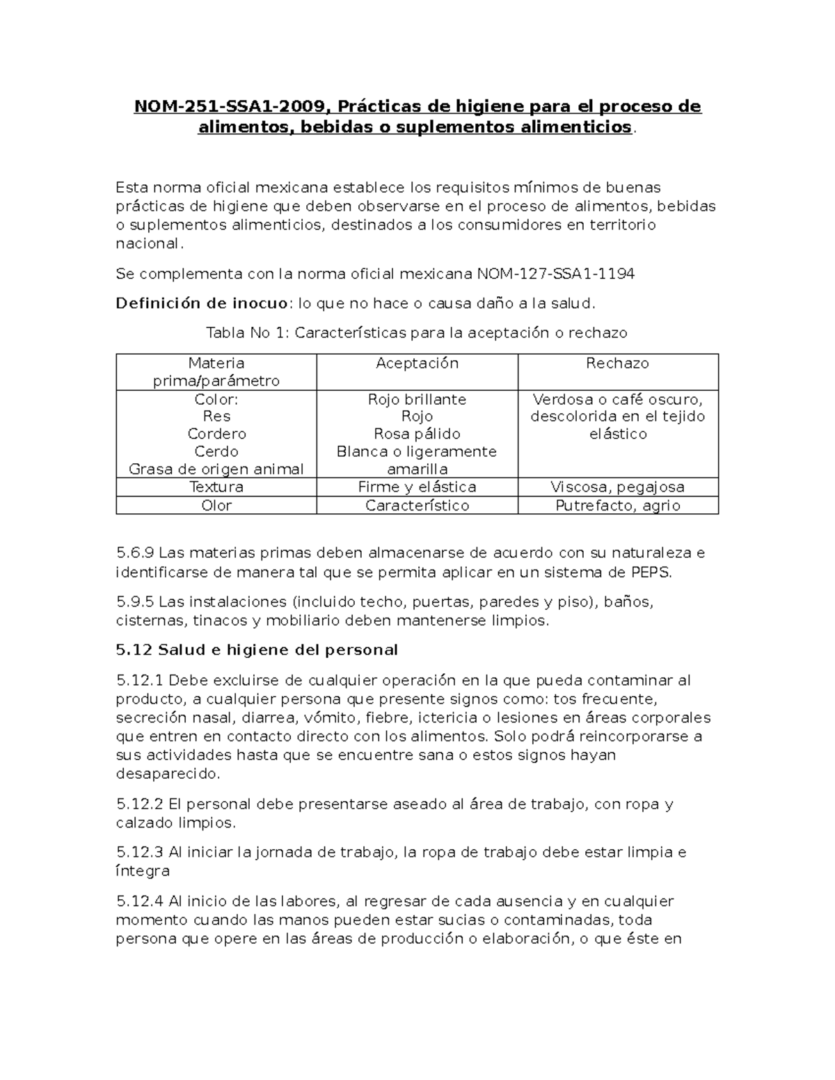 Resumen de la NOM-251-SSA1-2009 sobre Higiene Alimentaria - Studocu
