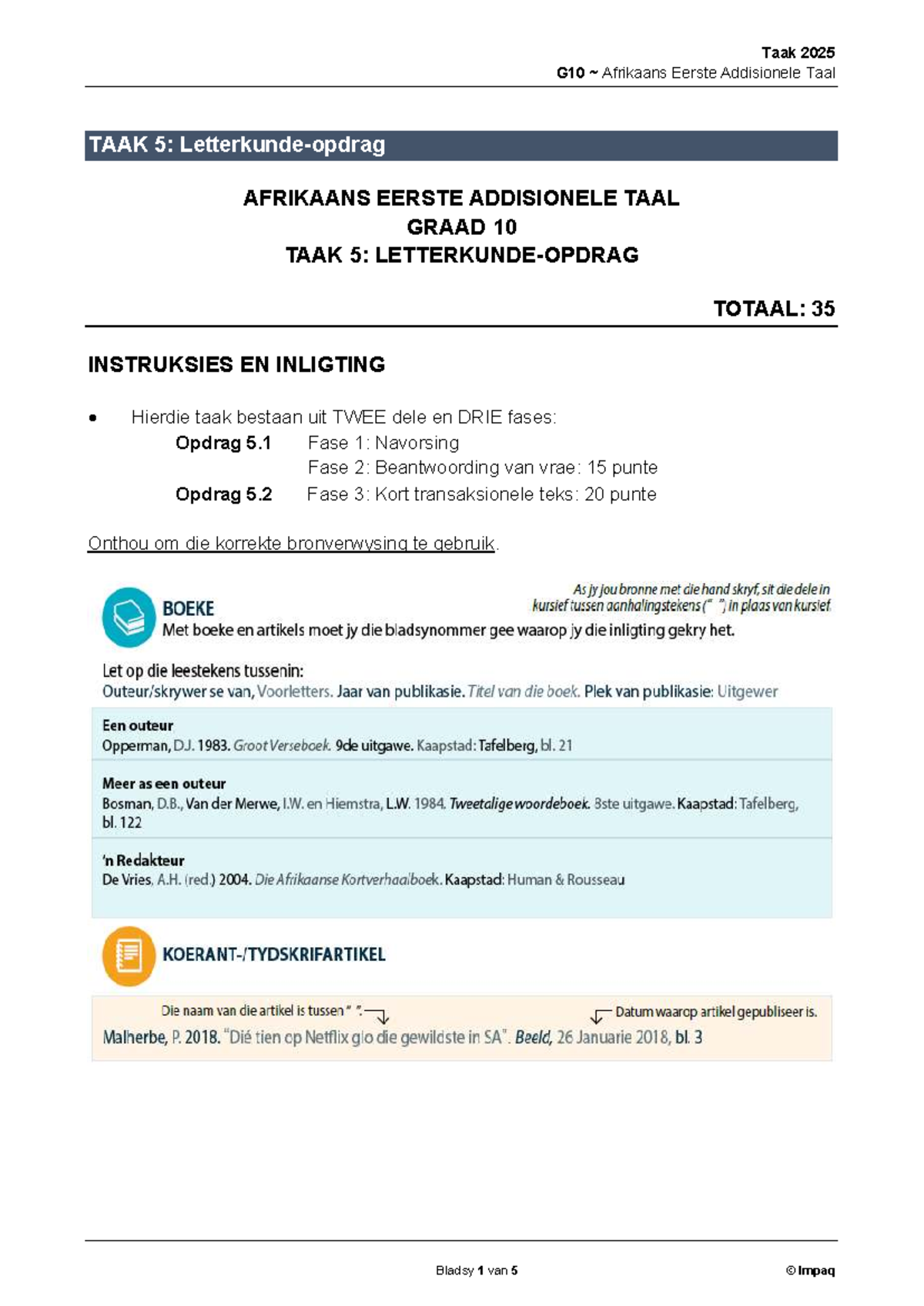 G10 EAT - Afrikaanse Graad 10 Taak 5: Letterkunde Opdrag - Studocu