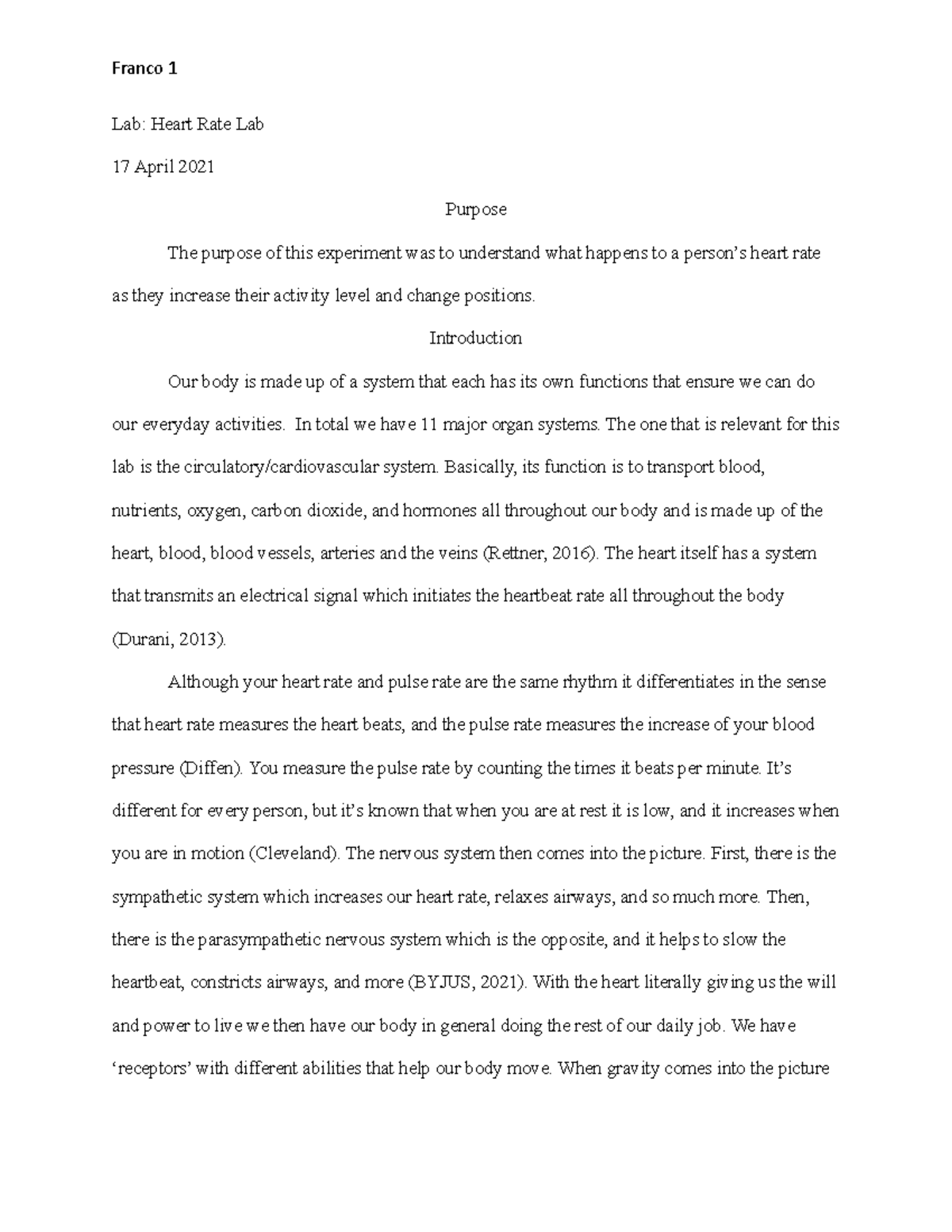 Lab Report: Analyzing Heart Rate Changes During Activity (Bio 101 ...