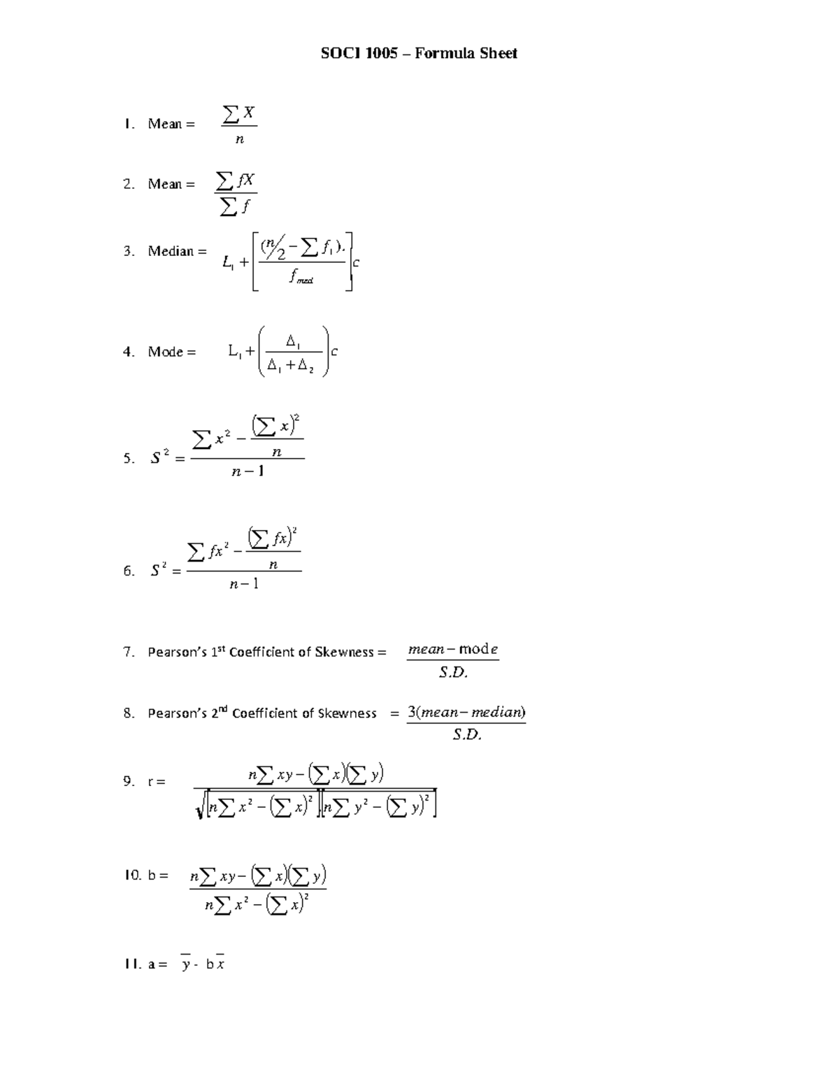 SOCI 1005 Official Formula Sheet for Statistics - Studocu