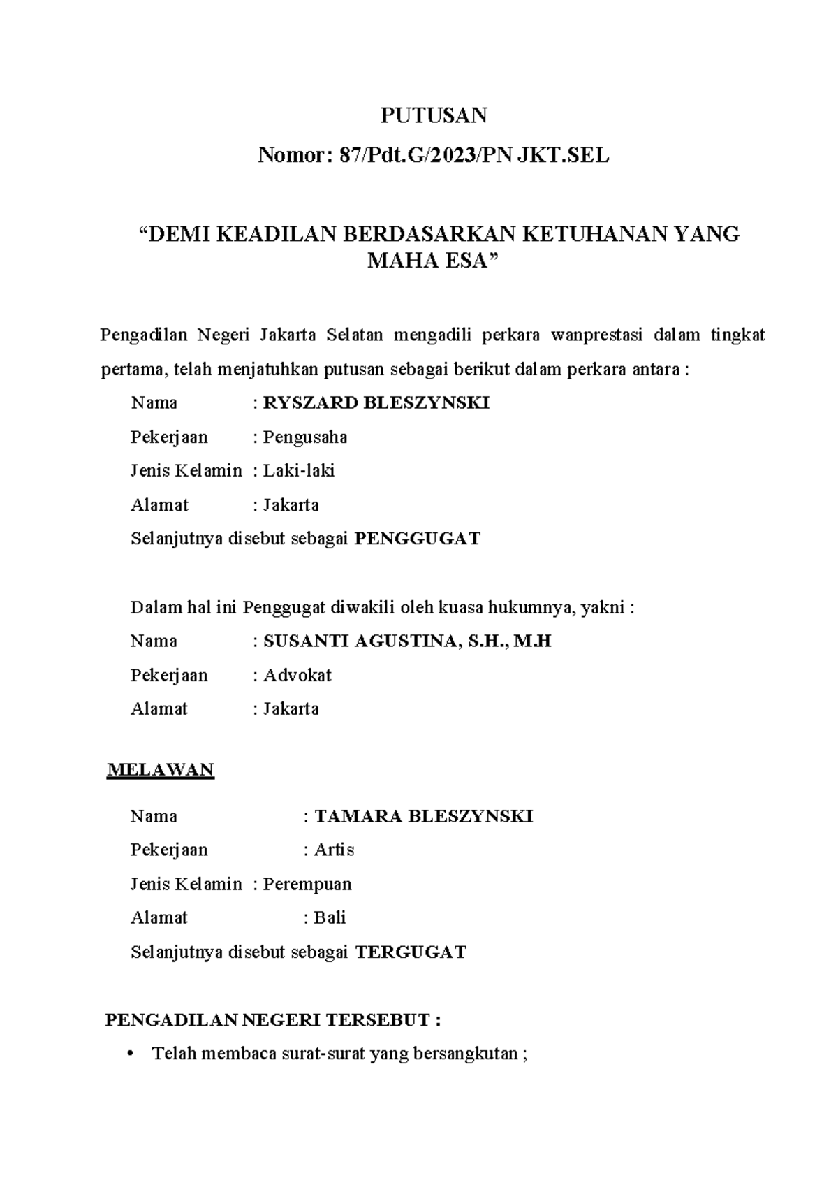 Surat Putusan Perkara Perdata Nomor 87/Pdt.G/2023/PN JKT.SEL - Studocu