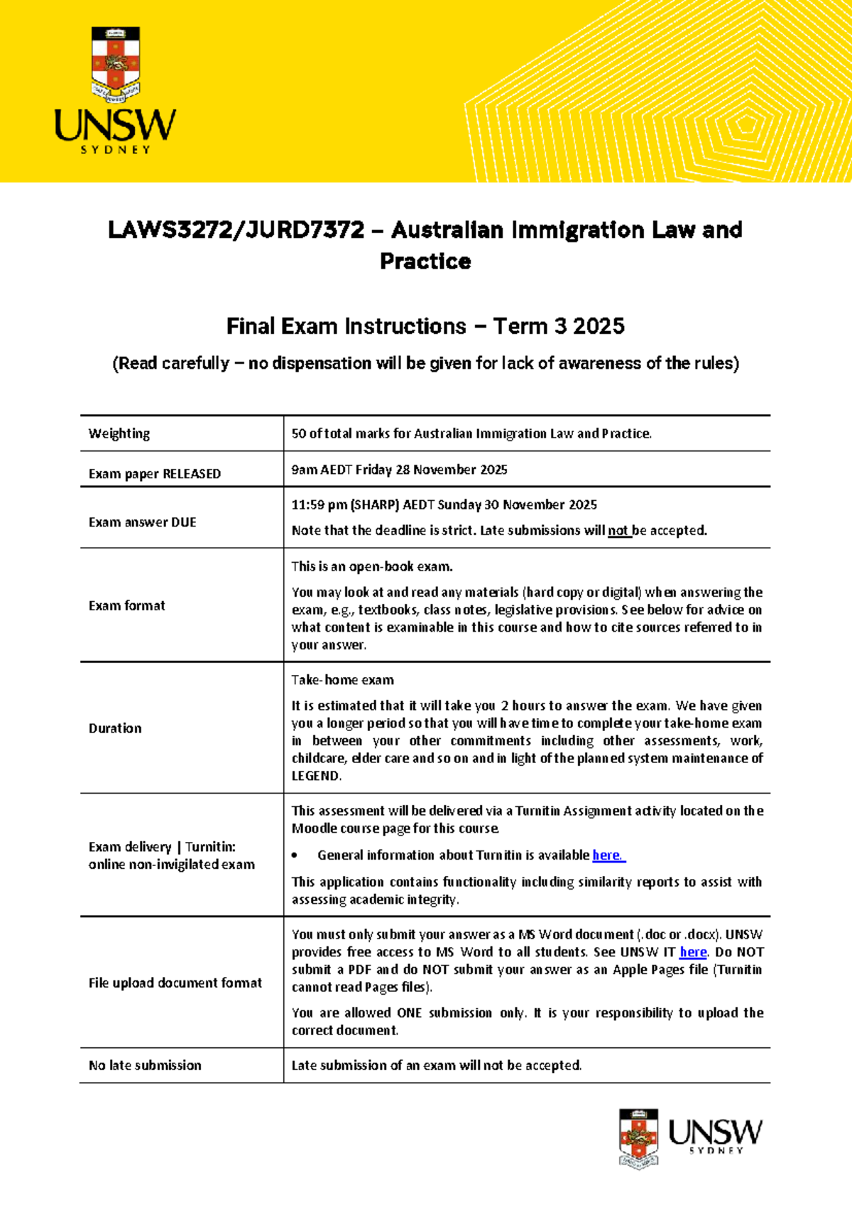 Exam Instructions for LAWS3272 JURD7372: Australian Immigration Law ...