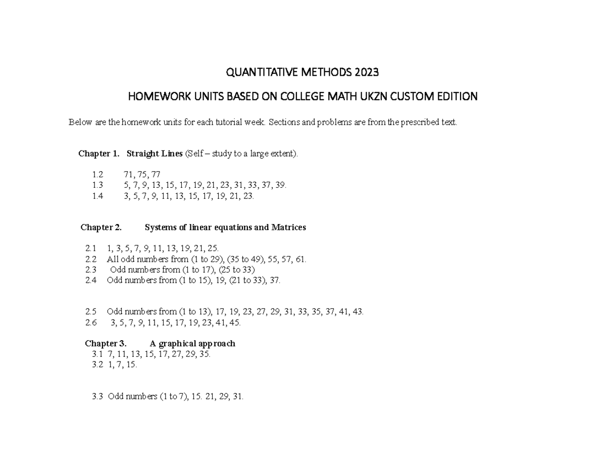 Math134 Homework Units: Quantitative Methods Exercises - Studocu
