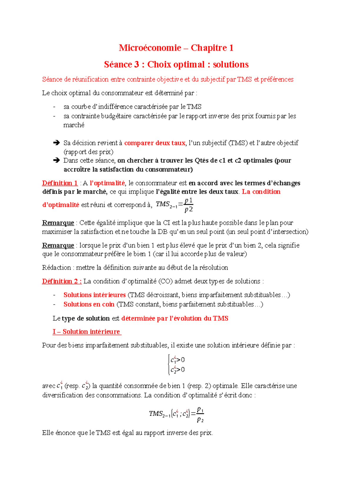 L1 - S1 - Chapitre 1 - Choix Optimal et Solutions - TD3 & TD4 - Studocu