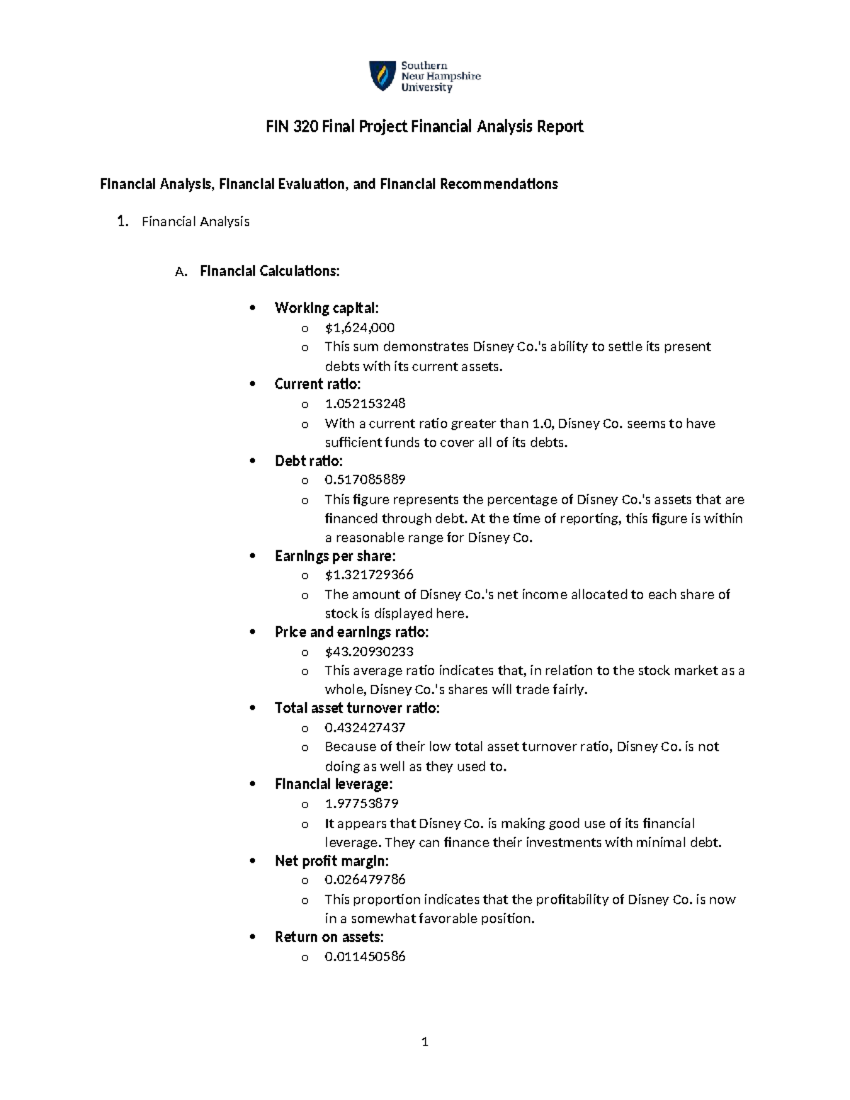 FIN 320 Final Project: Comprehensive Financial Analysis of Disney Co ...