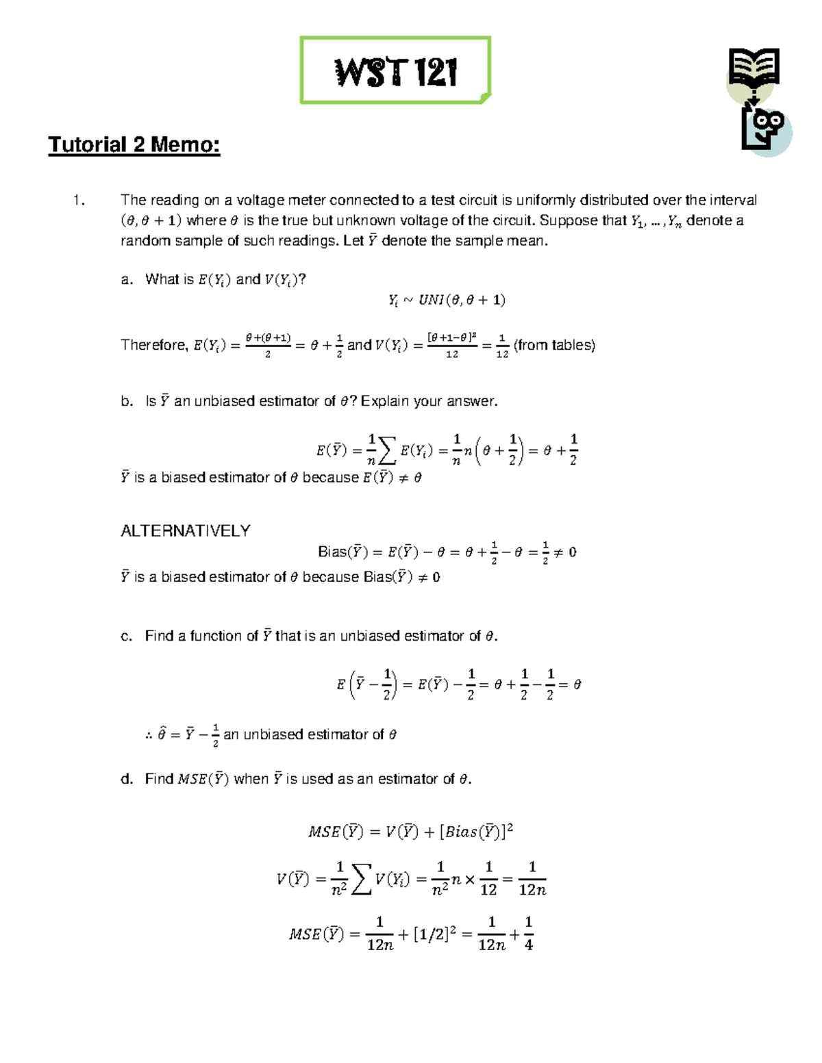 Tutorial 2 Memo for WST 1: Estimators and the MSE Analysis - Studocu