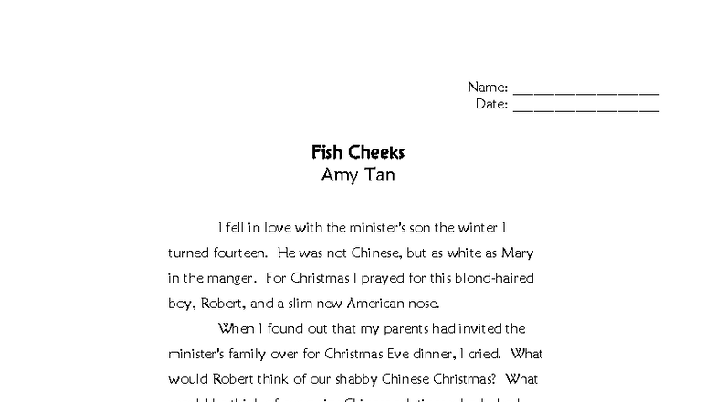 Short Story Analysis: Fish Cheeks by Amy Tan - Studocu