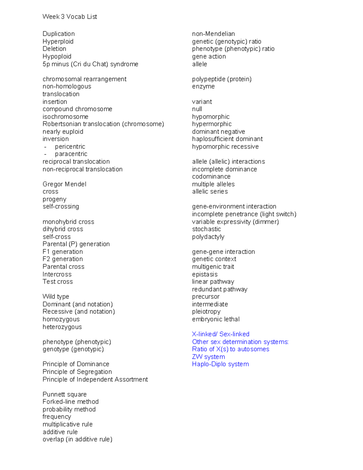 Genetics Vocabulary List for Week 3 - Bio 101 - Studocu