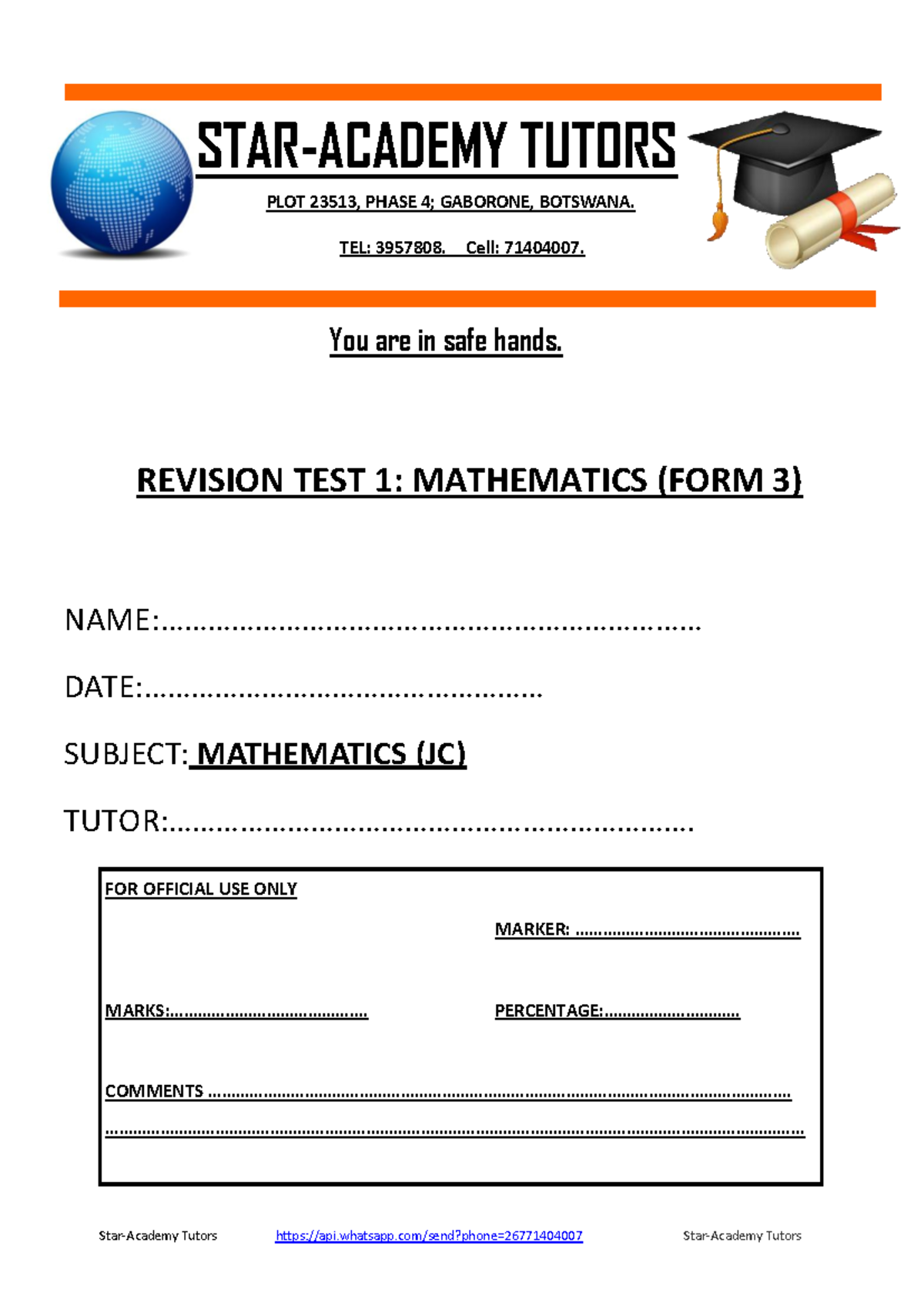 Maths (Form 3) Revision Test 1 - 23513 (2019) Gaborone, Botswana - Studocu