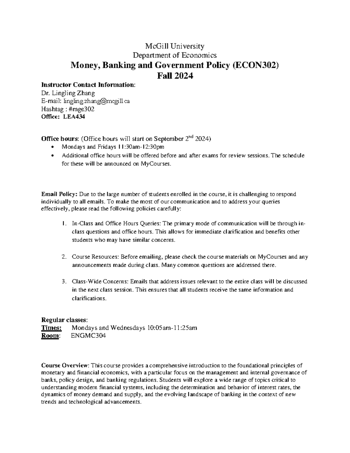 ECON302 Fall 2024 Money, Banking & Government Policy Course Outline ...