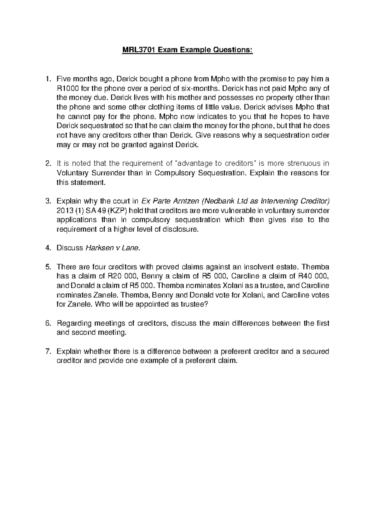 MRL3701 Final Exam Example Questions & Analysis on Sequestration Issues ...