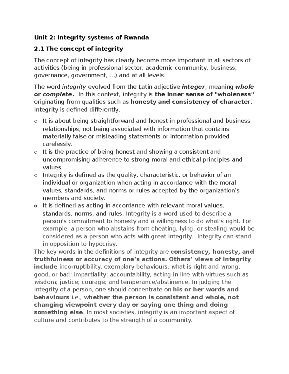 Unit 2: Integrity Systems in Rwanda - Concepts and Violations - Studocu