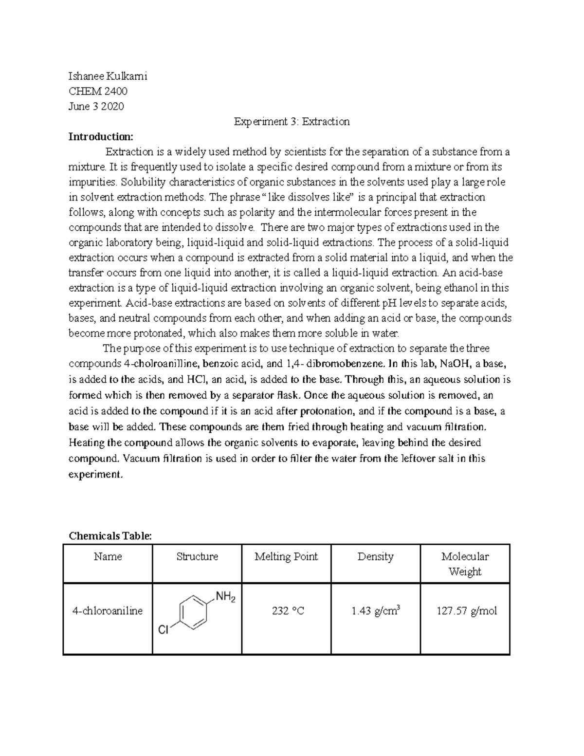 CHEM 2400 - Extraction Lab Report on Compounds Separation Techniques ...
