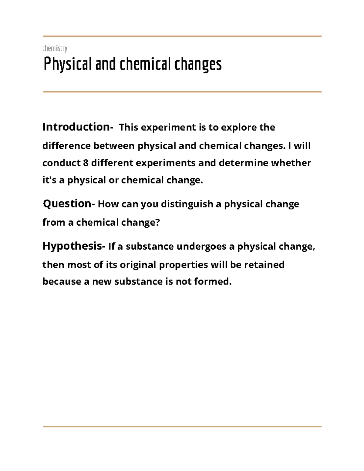 Chemistry Lab Report: Exploring Physical & Chemical Changes - Studocu