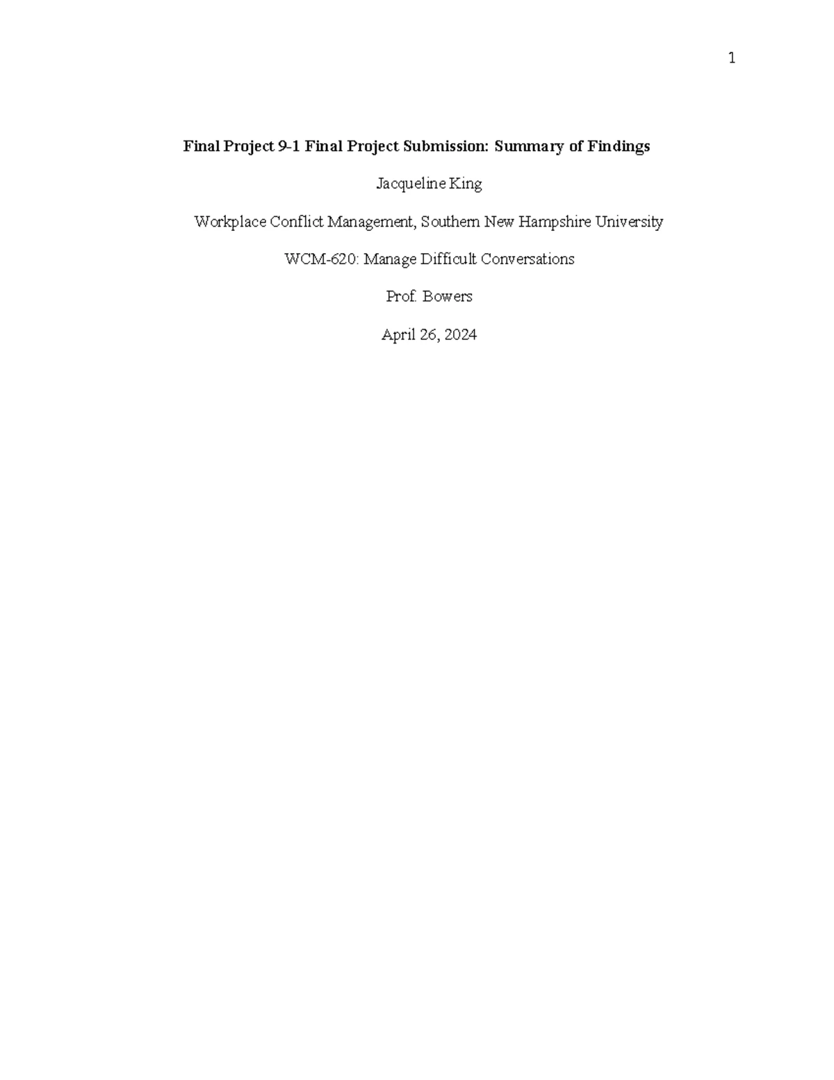 WCM-620 Final Project: Case Study on Workplace Conflict Patterns - Studocu