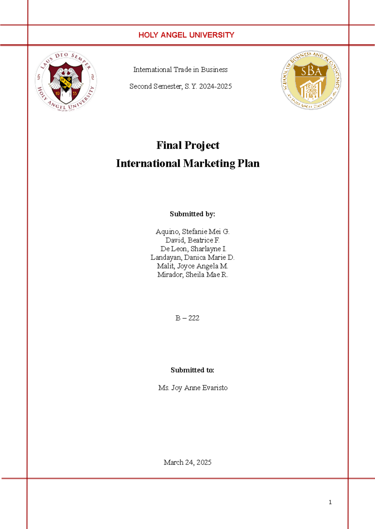 B-222 Final Project: International Marketing Plan for Mang Inasal - Studocu