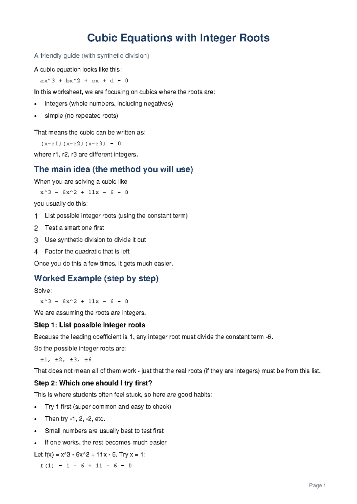 Cubic Equations with Integer Roots: A Friendly Guide (Final Exam) - Studocu