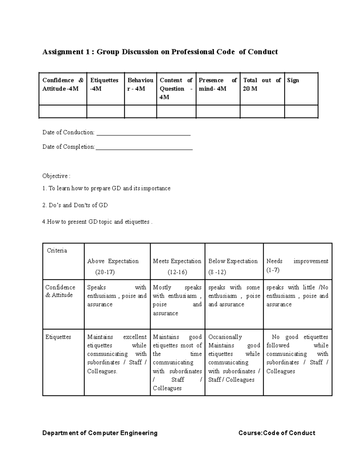 COC reference manual and syllabus - Assignment 1 : Group Discussion on ...