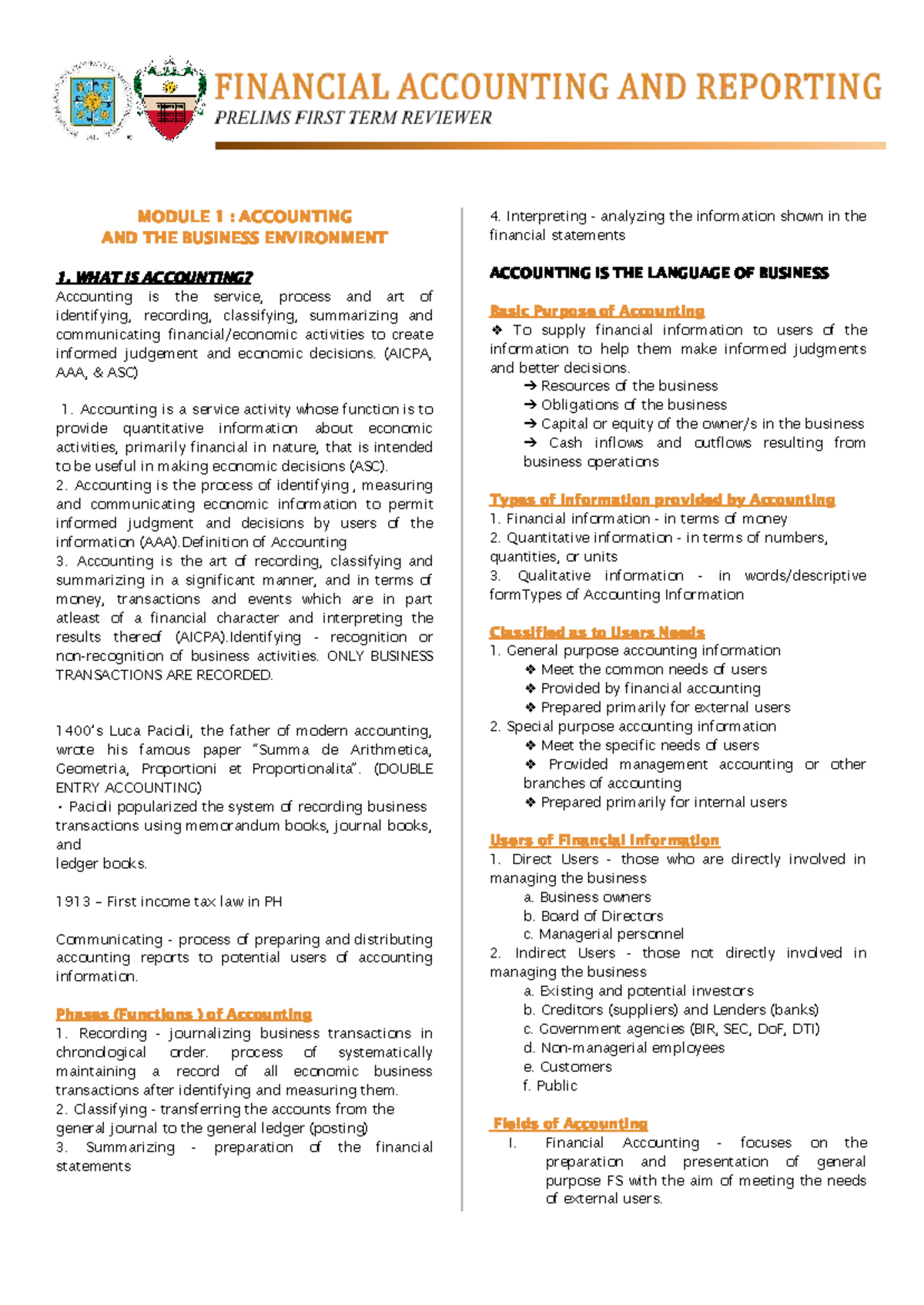 FAR 101: Accounting and the Business Environment - Unit 1 Notes - Studocu
