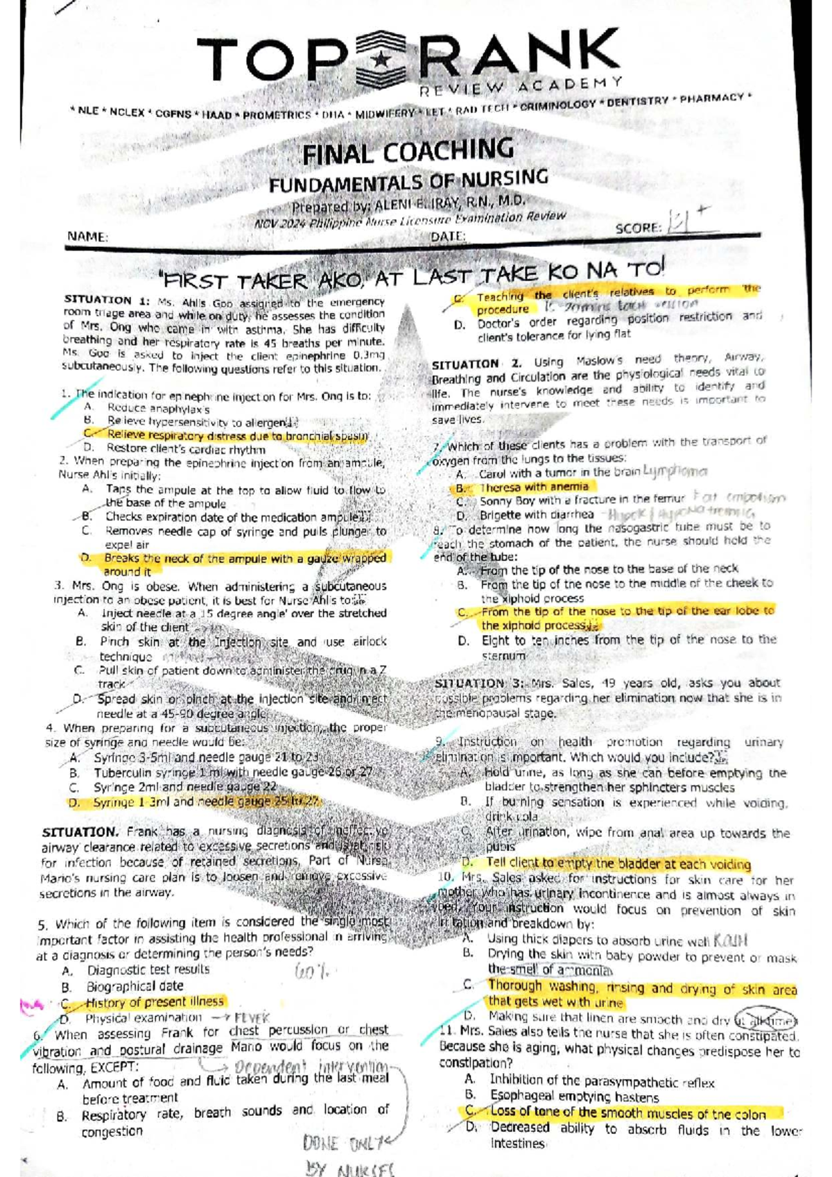 NLE 2024 Nursing Fundamentals Final Review Notes by Aleni E. Iray, R.N ...