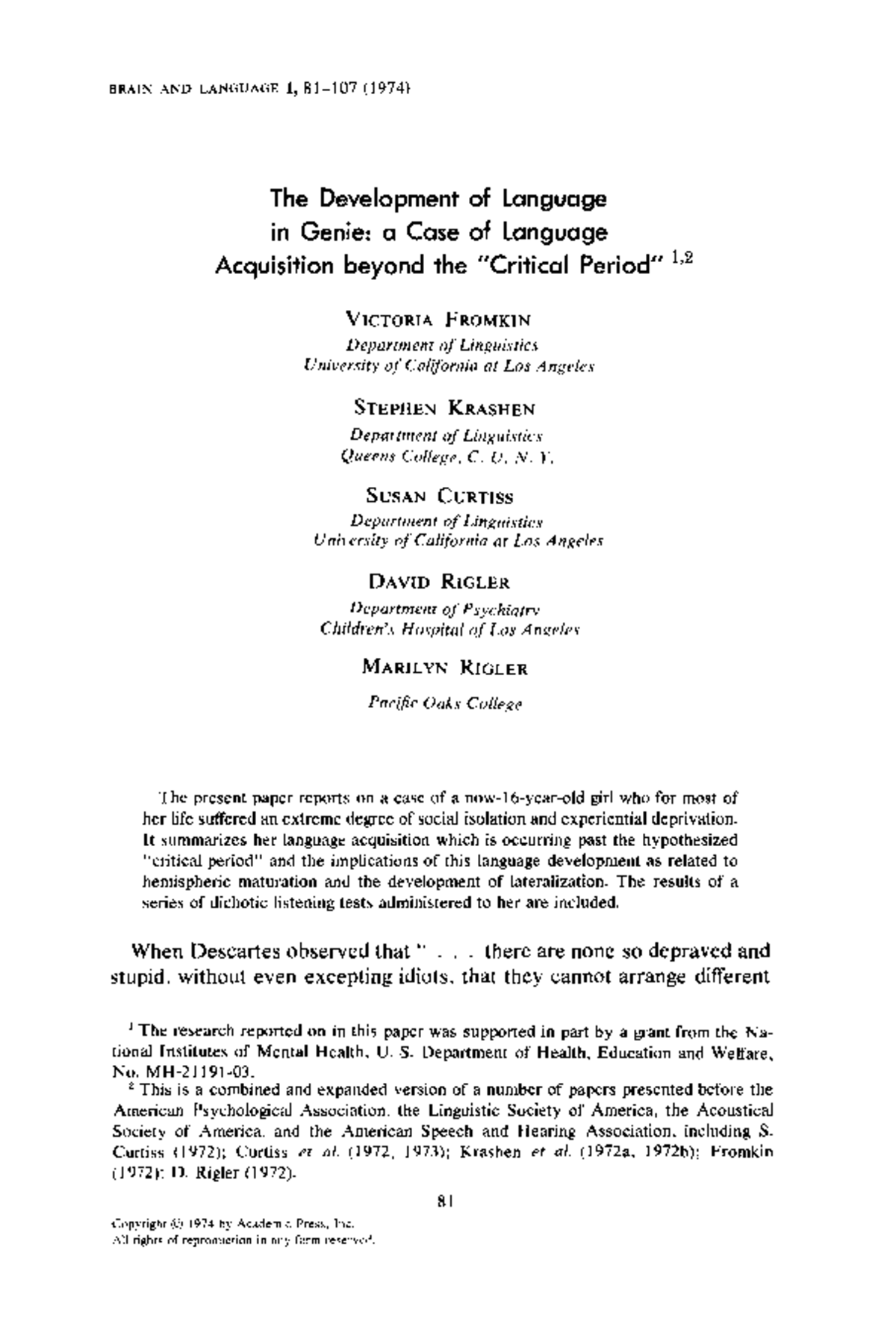 Language Acquisition Beyond the Critical Period: Genie Case Study (LNG ...