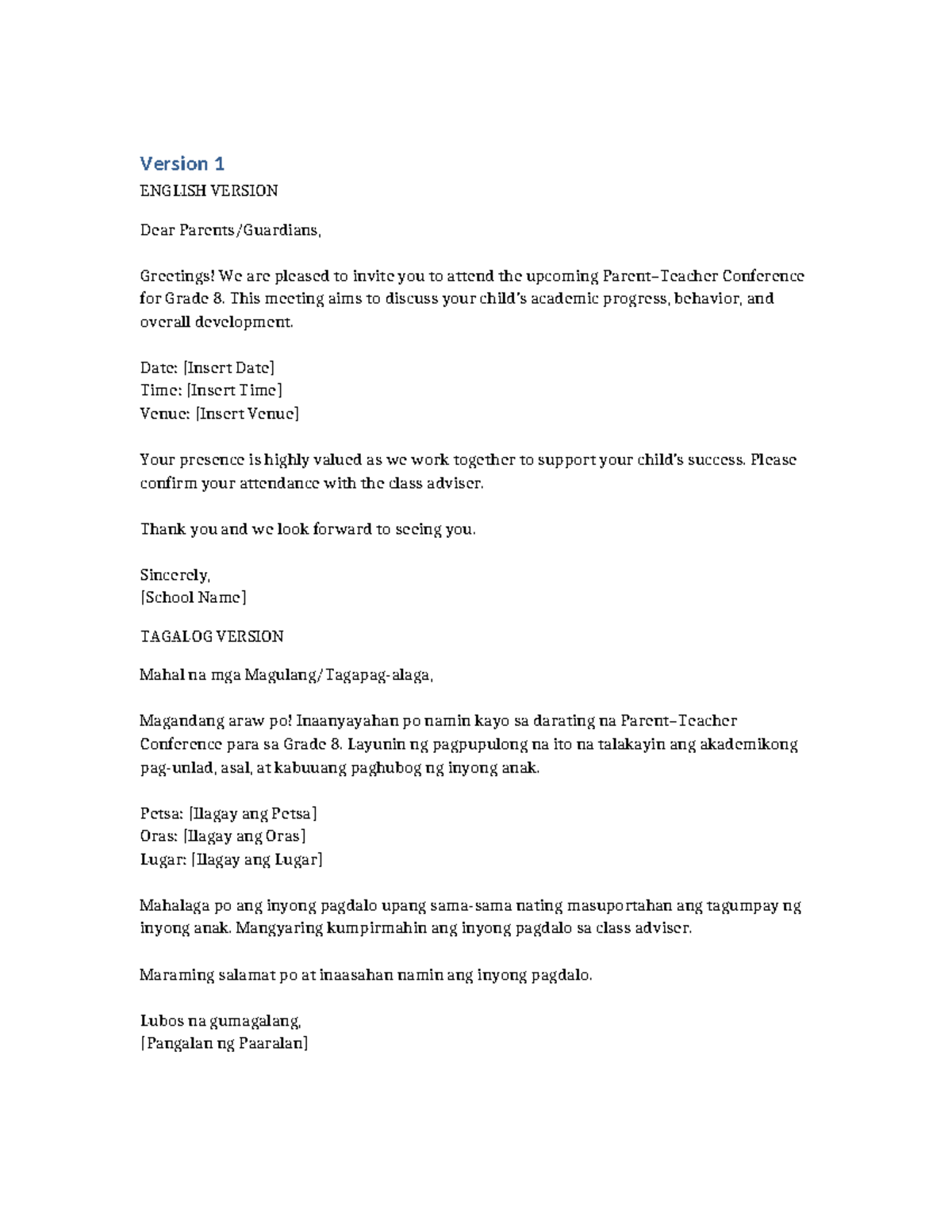 Grade 8 Parent-Teacher Conference Invitation Letters - Studocu