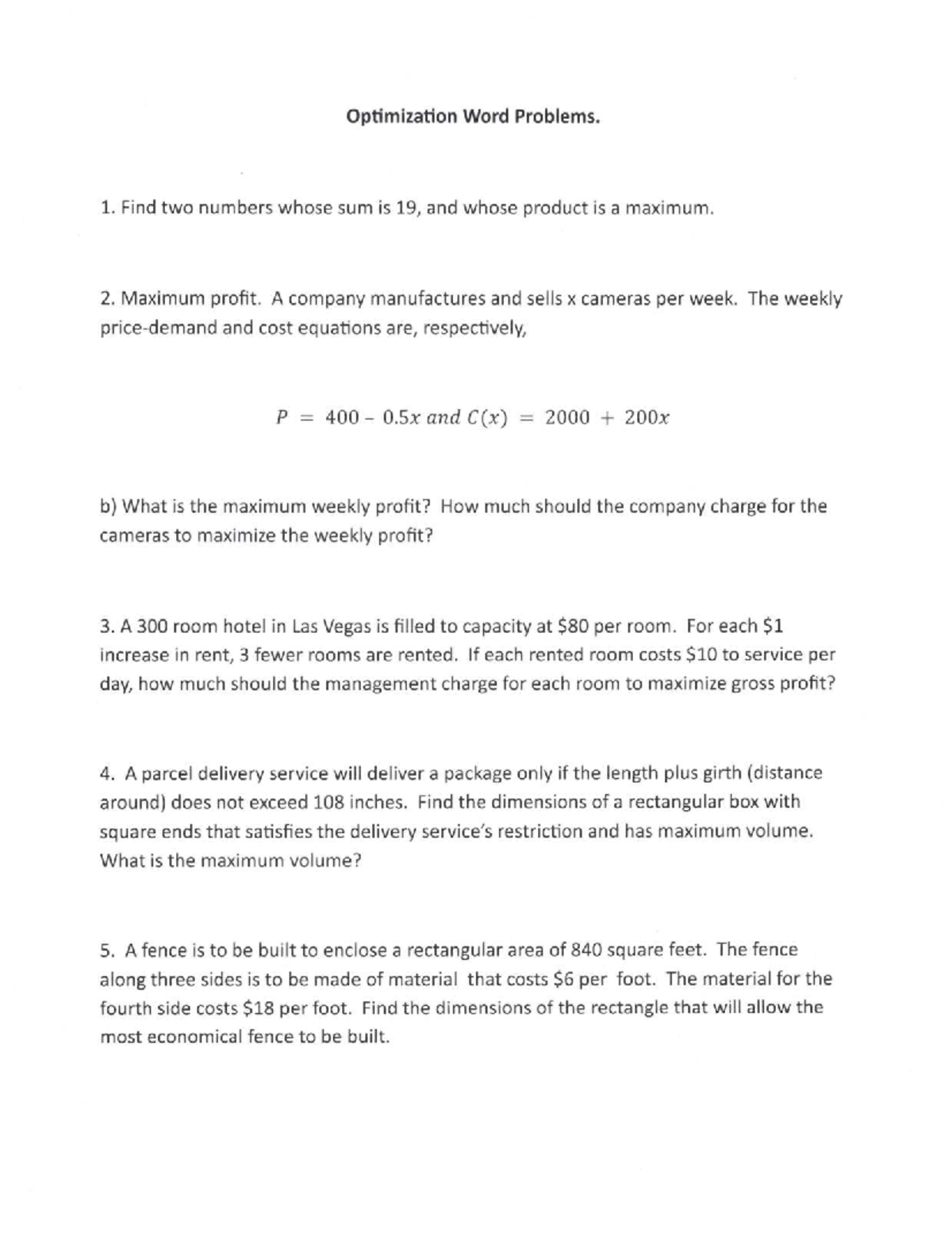 Optimization Word Problems: Maximizing Profit & Volume - Studocu