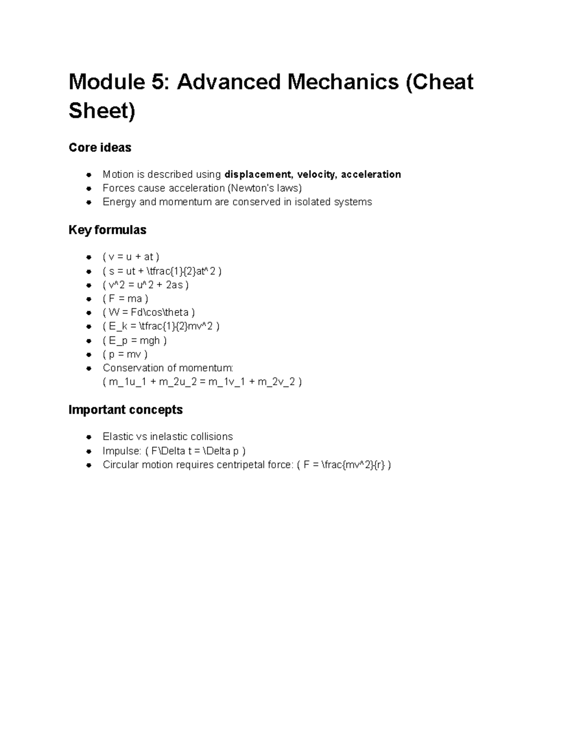 Module 5 study notes + cheat sheet - Module 5: Advanced Mechanics ...