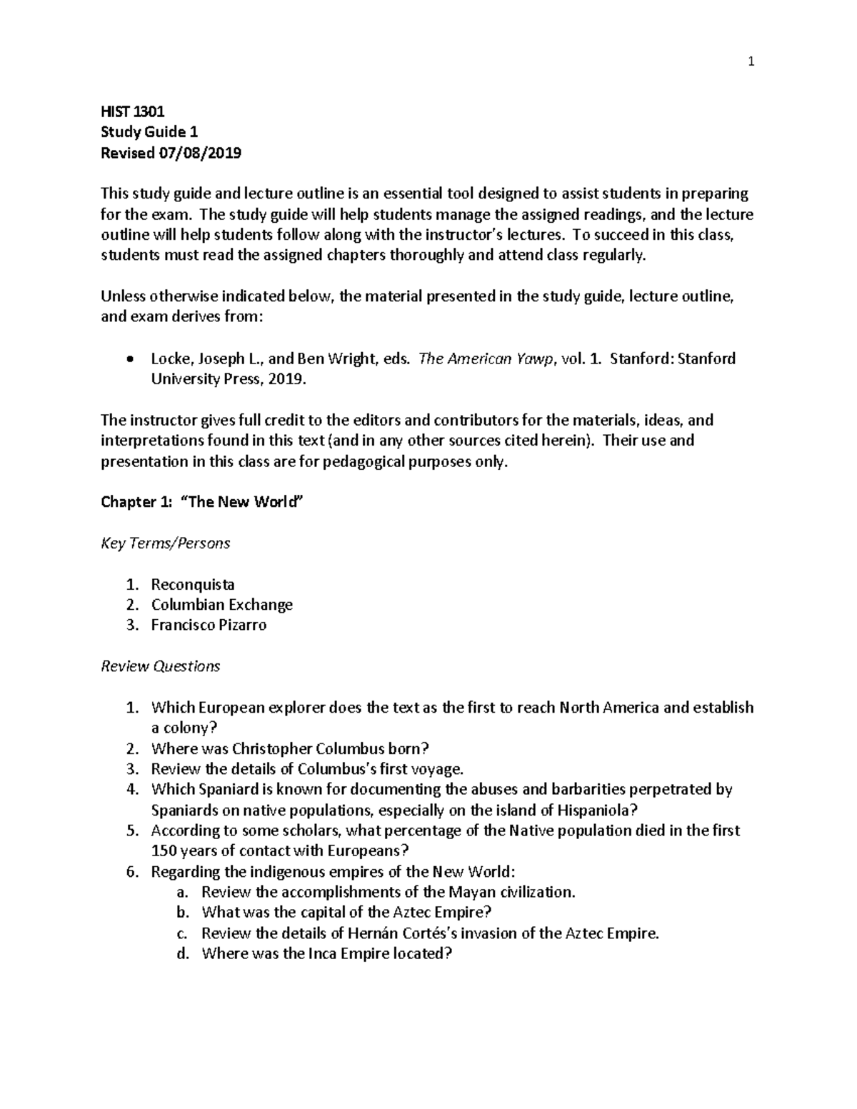 HIST1301FL19 Study Guide 1 Exam 1 Ch. 1-4 - HIST 1301 Study Guide 1 ...