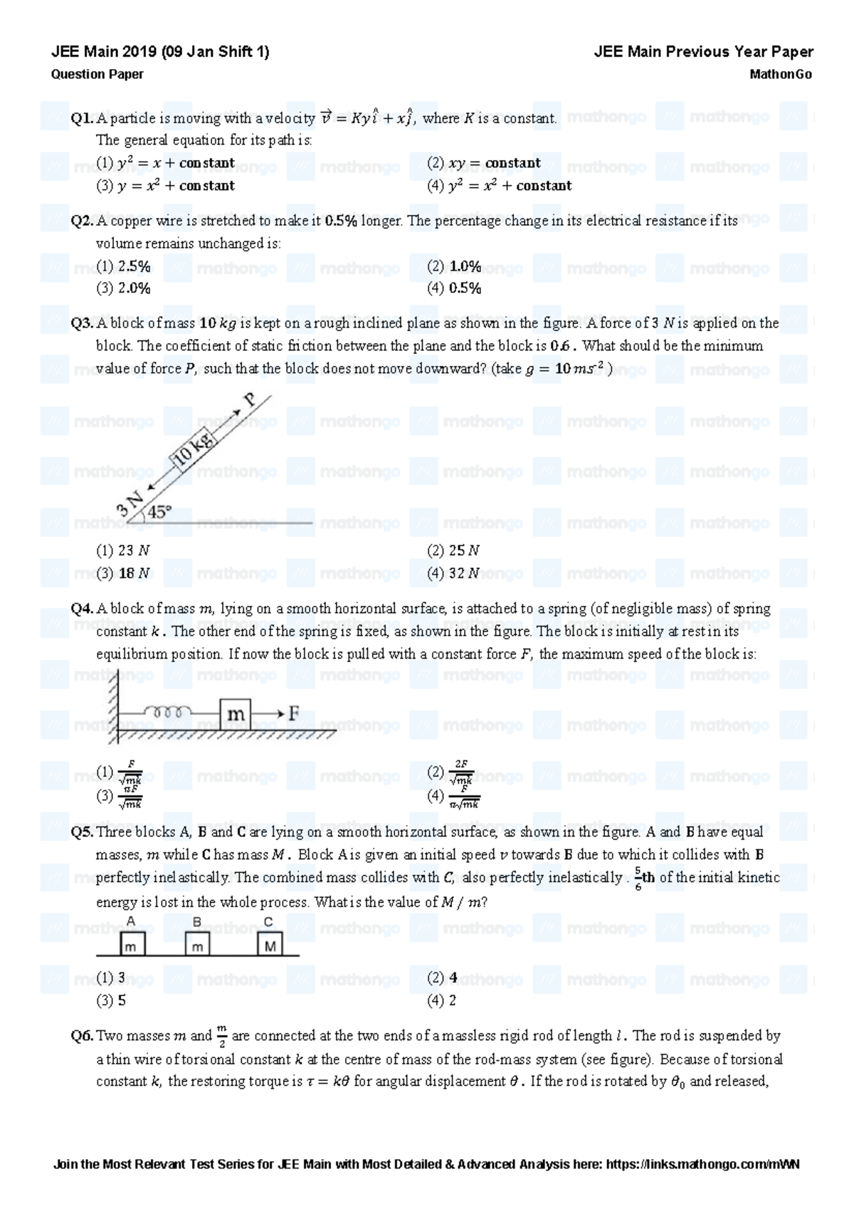 JEE Main 2019 (09 Jan Shift 1) Previous Year Paper with Solutions - Studocu