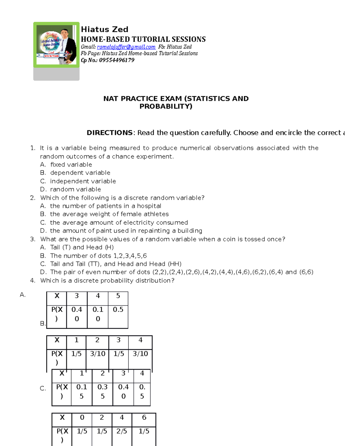 NAT Practice Exam: Statistics and Probability with Answer Key - Studocu