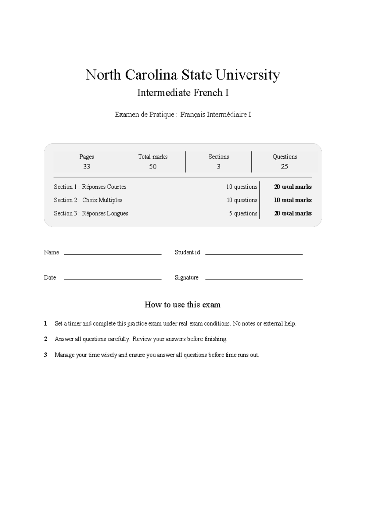 FLF 201 Intermediate French I Practice Exam 2026: Réponses et Questions ...