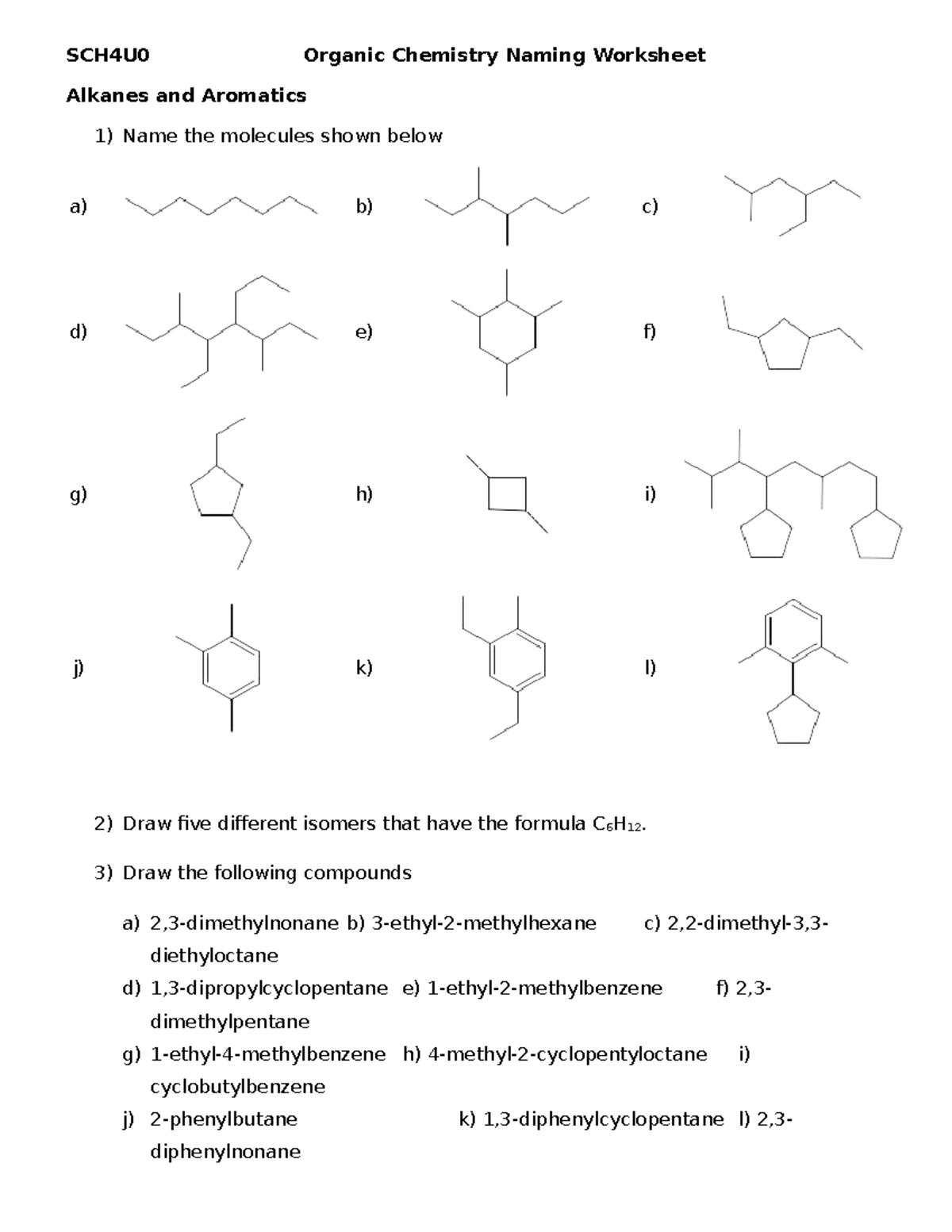 SCH4U0 Organic Chemistry Naming Worksheet: Alkanes to Nitro Groups ...