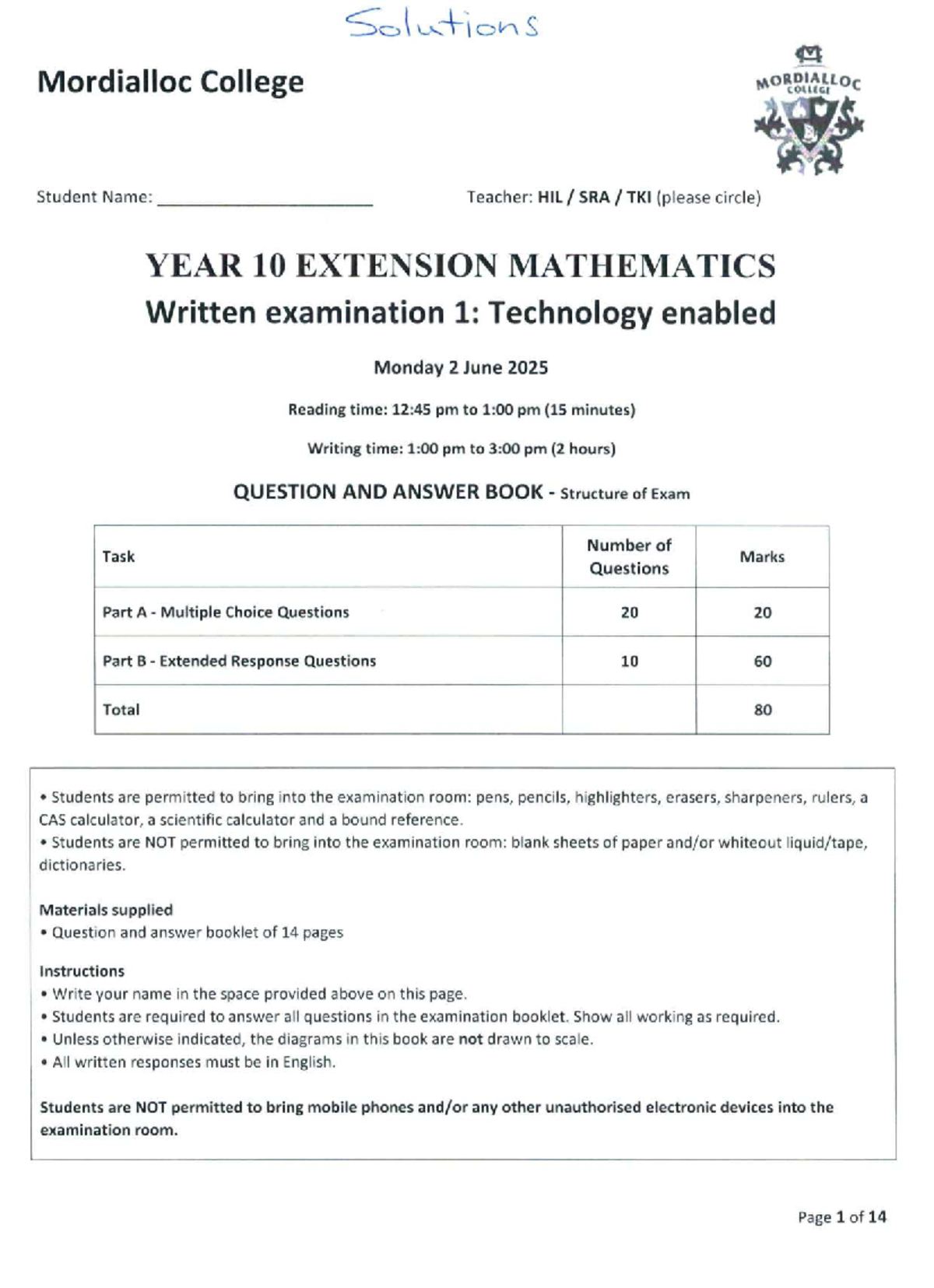 10MAX Sem 1 Tech Enabled Exam Solutions 2025: Mordialloc College - Studocu