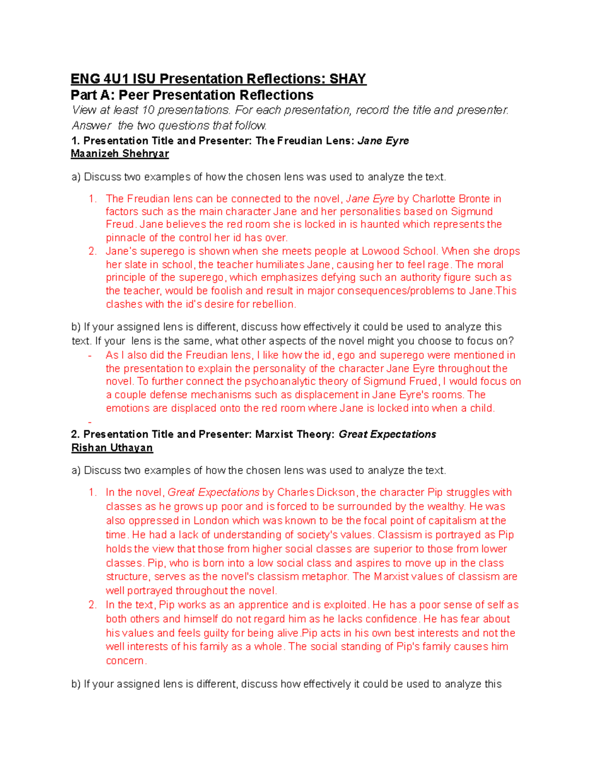 ENG 4U1 ISU Presentation Reflections: Lens Analysis Insights - Studocu