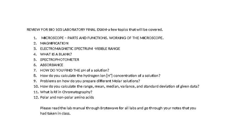 LAB Final Review for BIO 103 Final Exam (ce33201) - Studocu