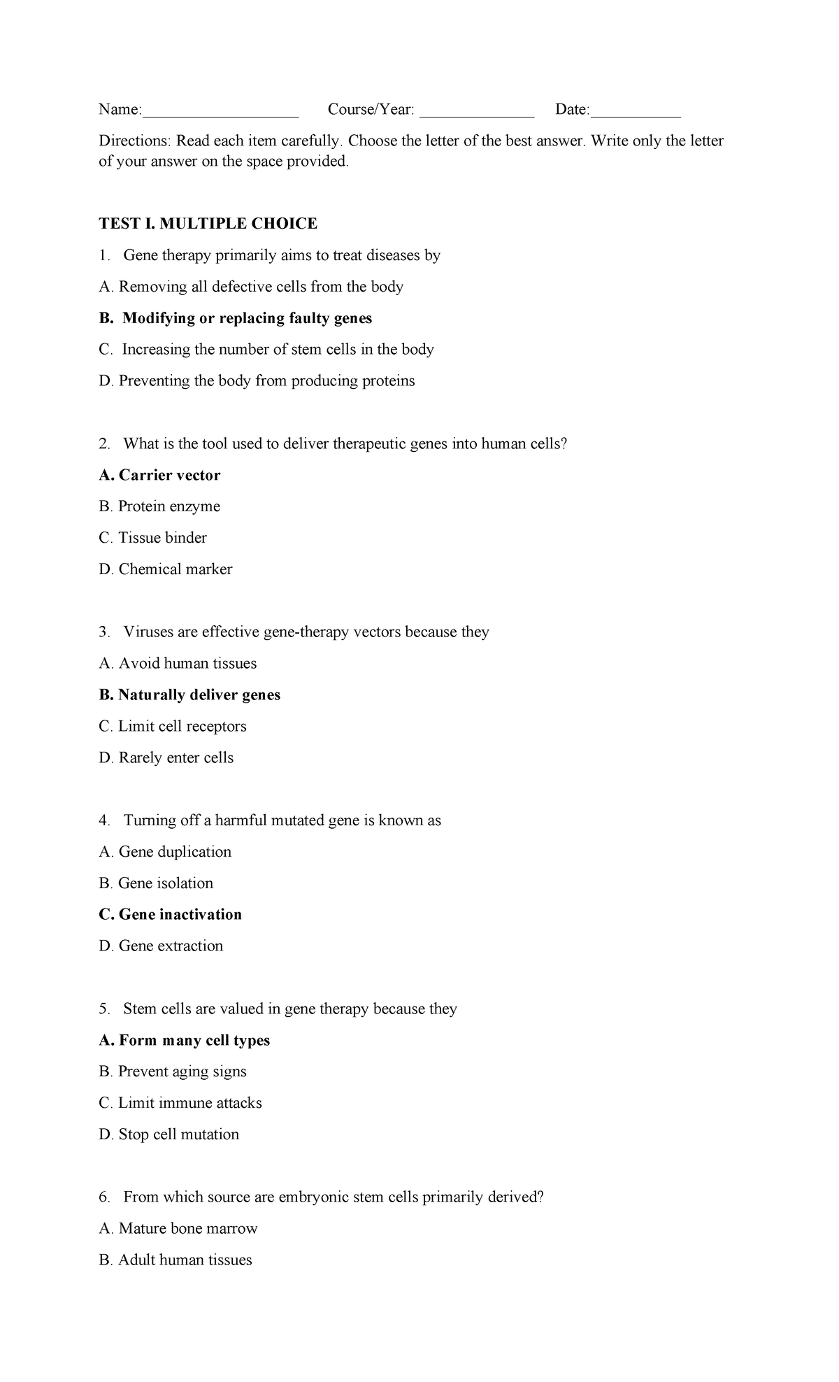 Gene Therapy Insights: TEST I - Multiple Choice Questions - Studocu