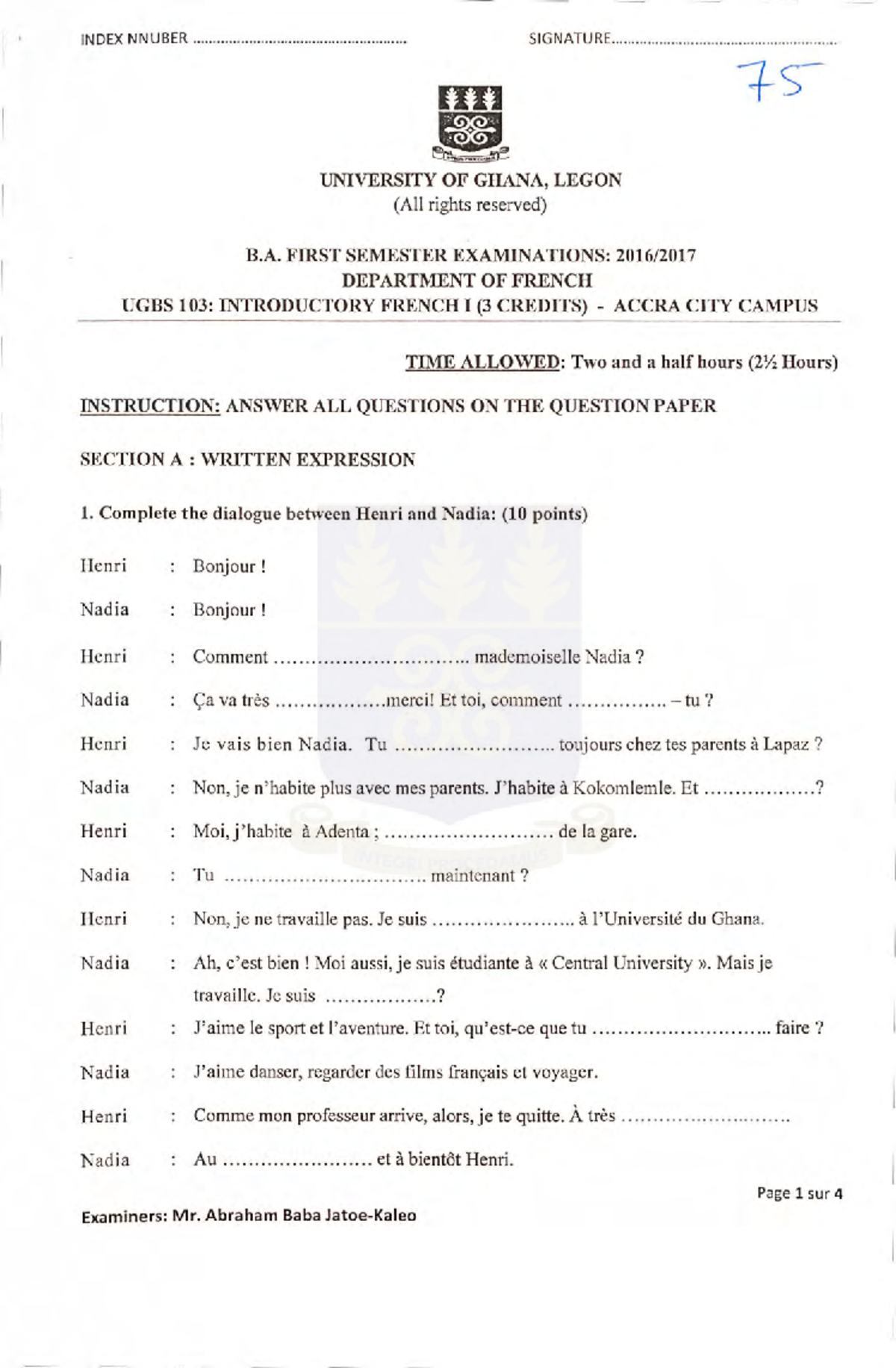 UGnS 103: Introductory French I - Final Exam 2016/2017 - Studocu