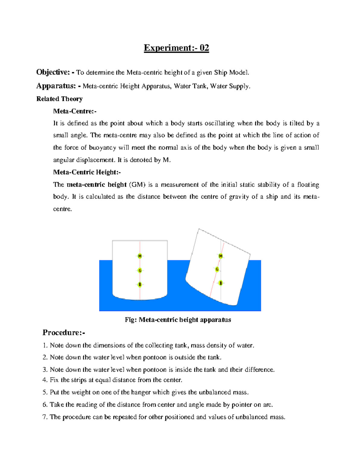 Metacentric Height Determination Experiment - Ship Model Analysis - Studocu